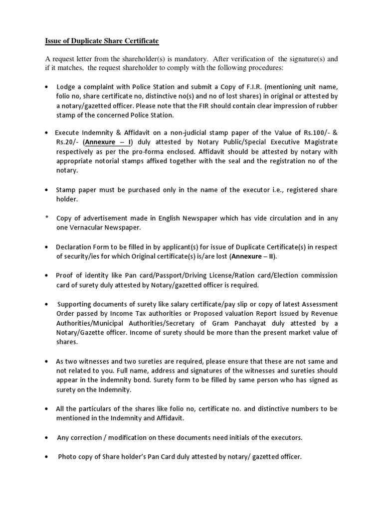 Duplicate Share Certificate 1 Pdf Notary Public Affidavit