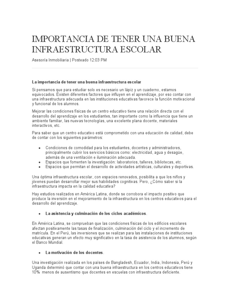 Importancia Infraestructura Escolar | PDF | Infraestructura | Enseñando