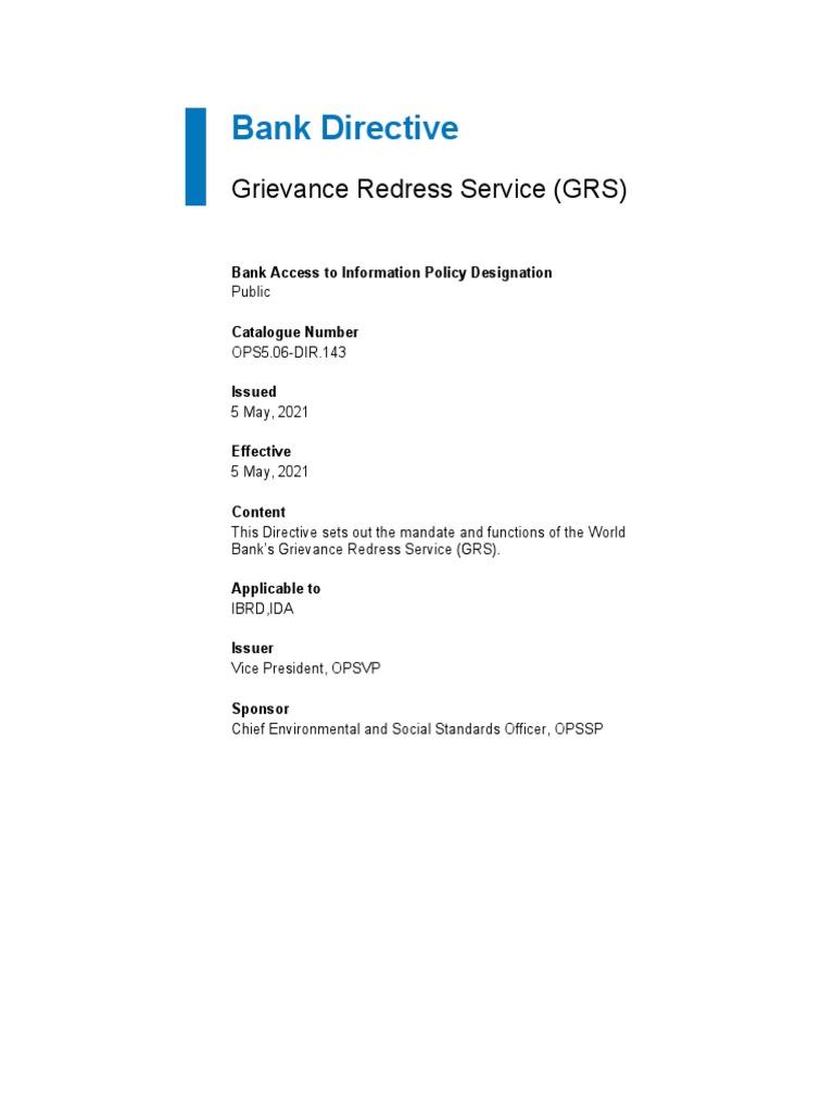 Bank Directive GRS | PDF | World Bank Group | International Development ...