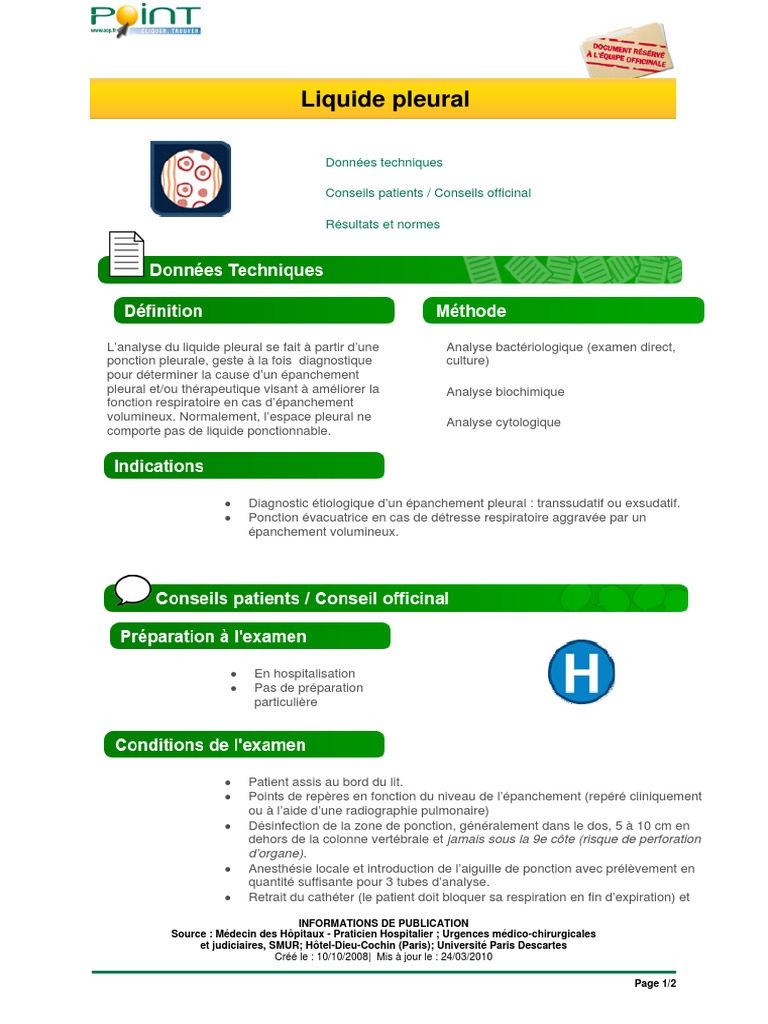 Analyse du liquide pleural et ponction | PDF | Spécialités médicales ...