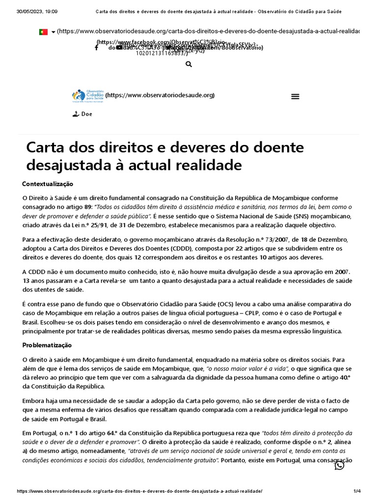 Carta Dos Direitos E Deveres Do Doente Desajustada À Actual Realidade