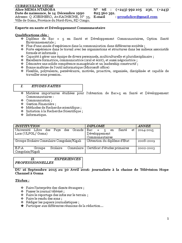 CV Alice Mema | PDF | Rwanda | Préservatif