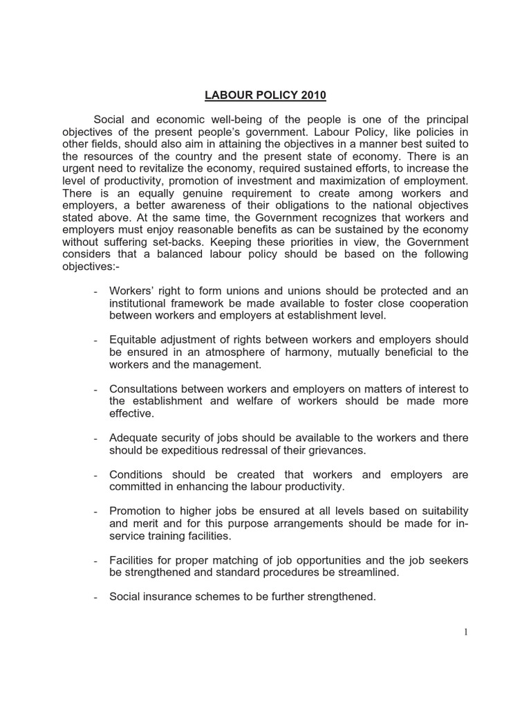 Labour Policy 2010 Overview | PDF | Business