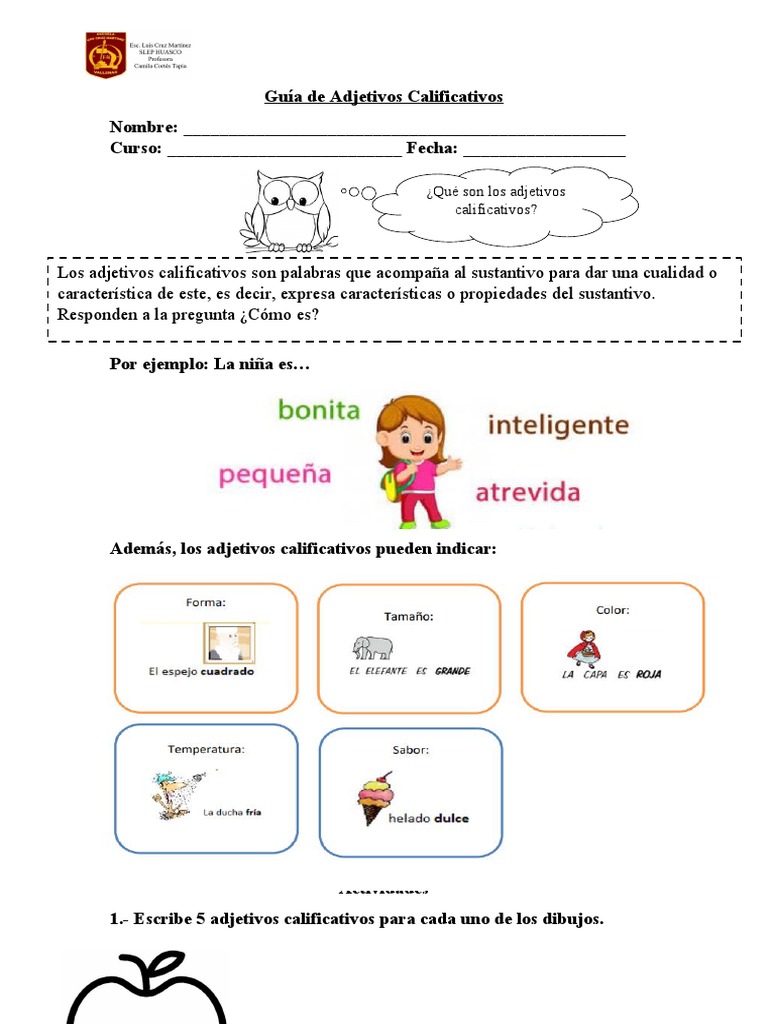 Guía para ejercitar Adjetivos Calificativos 4to básico | PDF | Adjetivo