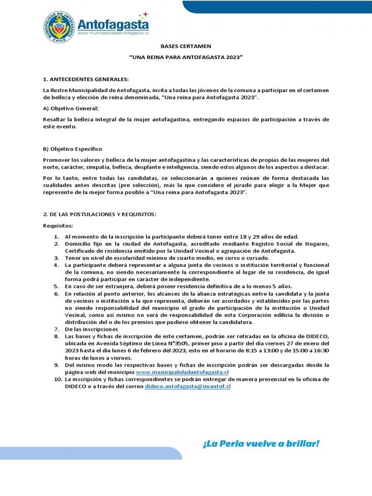 Bases de Postulación Miss Antofagasta 2023 | PDF