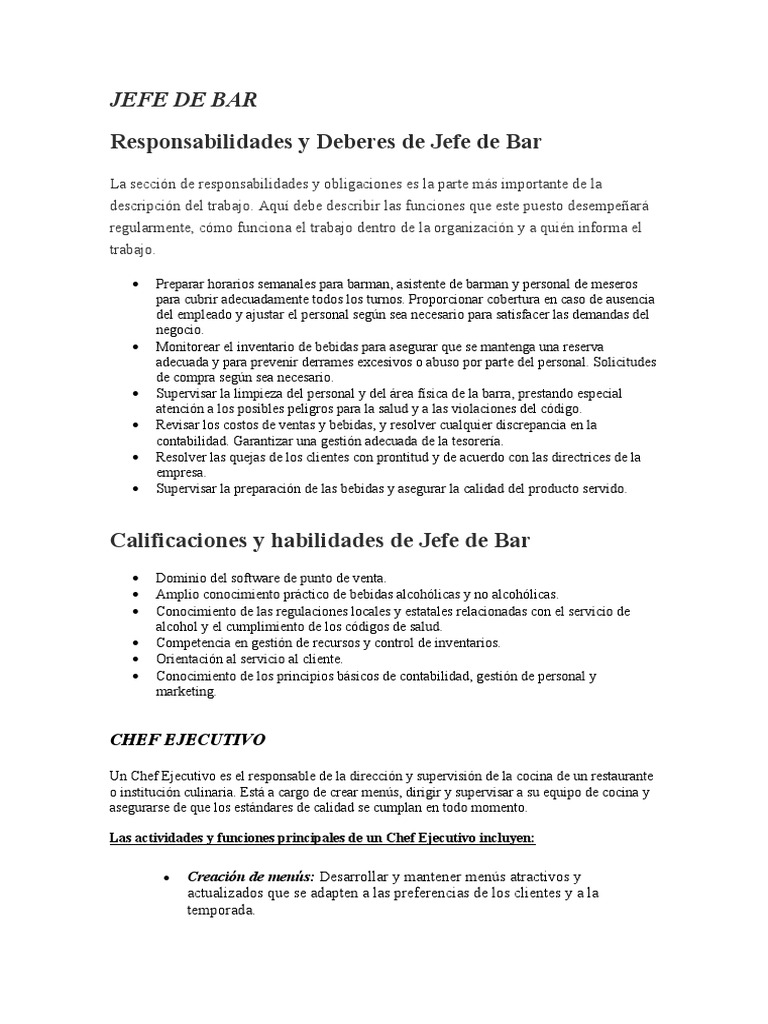 Guía de Roles: Jefe de Bar y Chef Ejecutivo | PDF | Artes culinarias ...