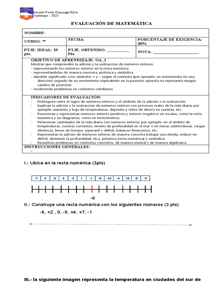 Matematicas 7mo Evaluacion OA1 | PDF | Entero | Sustracción