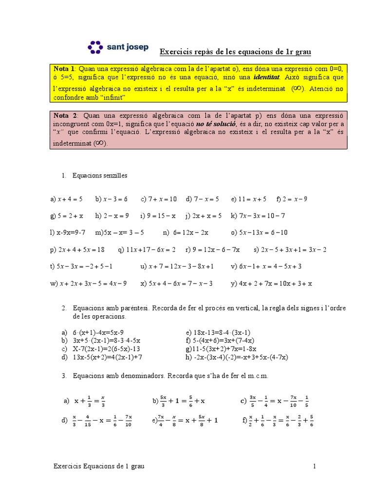 1 Exercicis Unitat 3 Repas Equacions 1r Grau | PDF