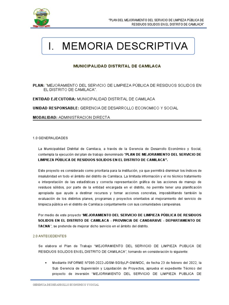 Memoria Descriptiva - Plan Limpieza | PDF