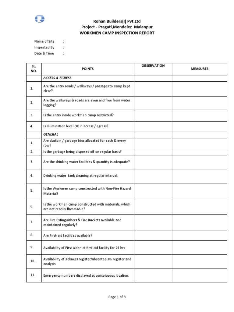 Workmen Camp Inspection Form | Download Free PDF | Kitchen | Home
