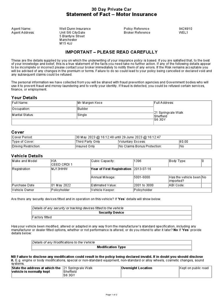 Statement of Fact | PDF | Insurance