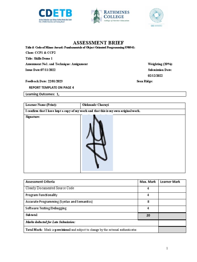 1 Fundamentals of Object Oriented Programming A1 Brief | PDF | Method (Computer Programming ...