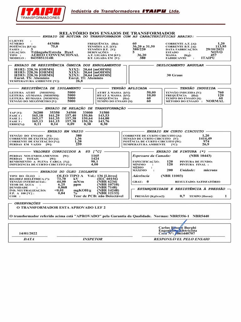 Relatório de Ensaio (73433) - TF 75KVA - 34,5 KV | PDF | Metrologia ...