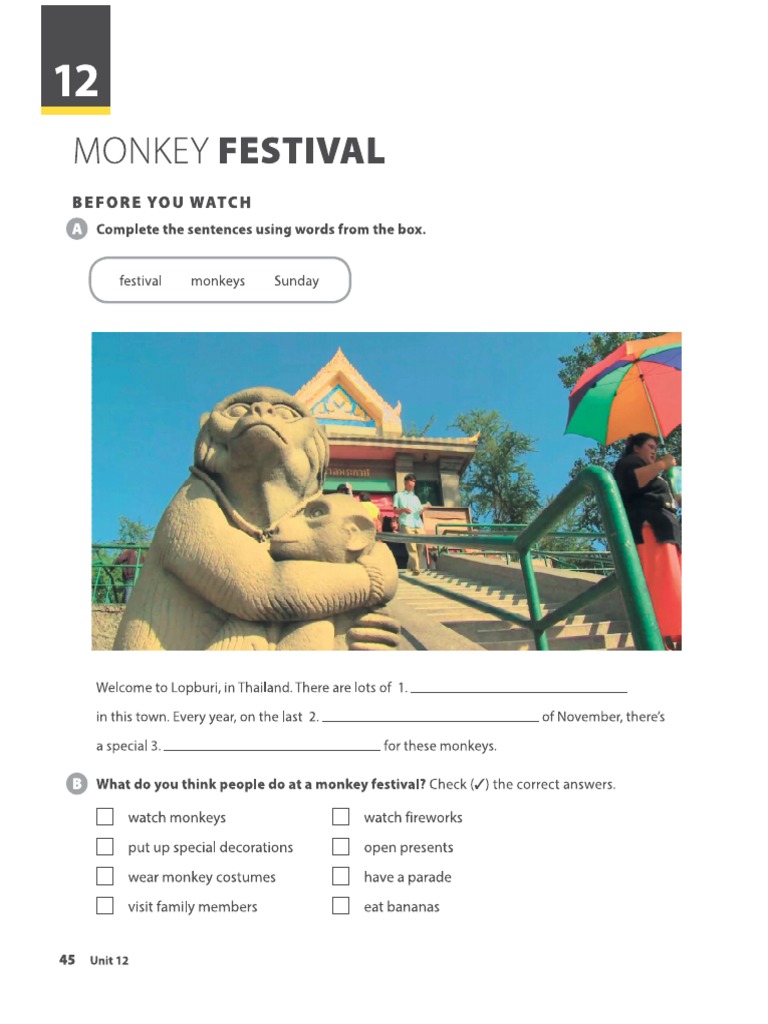 TBE1 Level 3 Unit 9 Monkey Festival Worksheet | PDF
