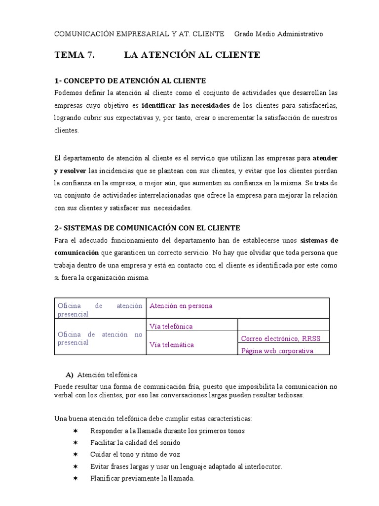 Tema 7 Atención Al Cliente | PDF | Servicio al Cliente | Cliente