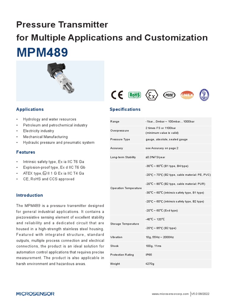 MPM489 Pressure Transmitter | PDF