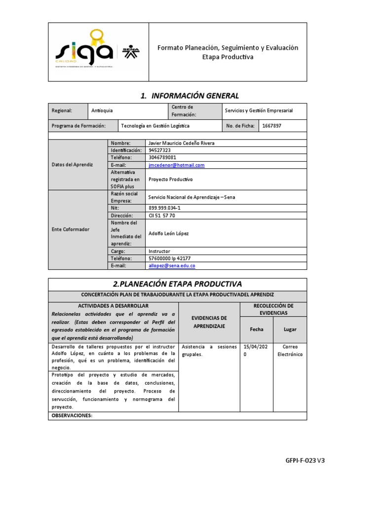 GFPI-F-023 Formato Planeacion Seguimiento y Evaluacion Etapa ProductivaParcialJavierCedeño ...