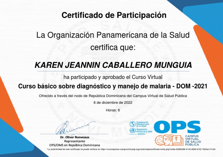 Curso Básico Sobre Diagnóstico y Manejo de Malaria DOM 2021-Certificado ...