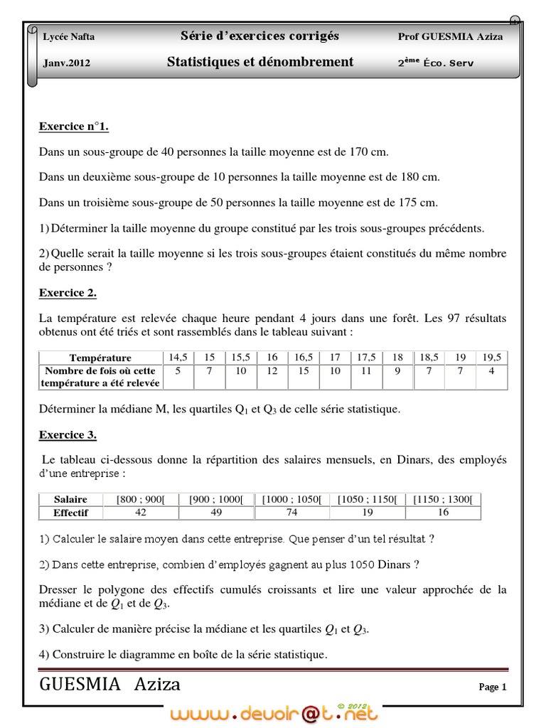 Série Corrigée - Math Statistiques Et Dénombrement - 2ème Economie ...