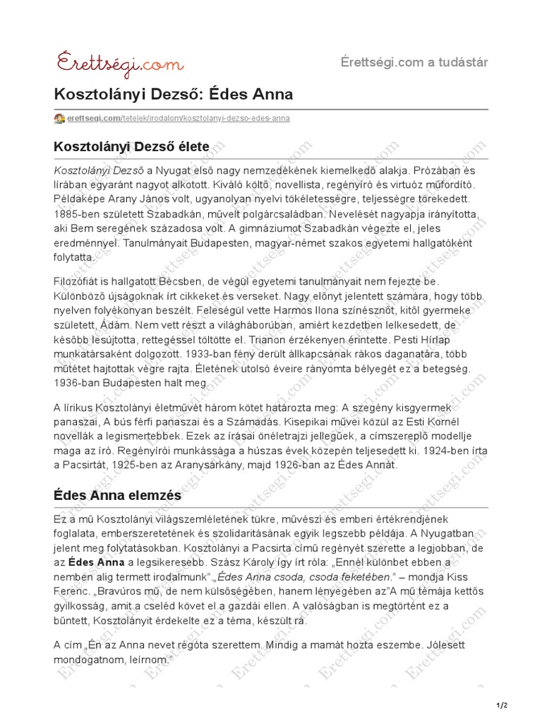 Kosztolányi Dezső Édes Anna | PDF