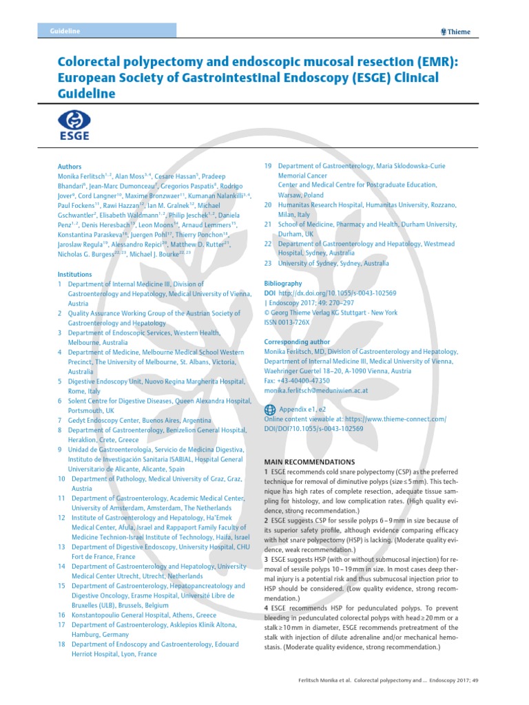 Colorectal Polypectomy And Endoscopic Mucosal Resection Emr European Society Of