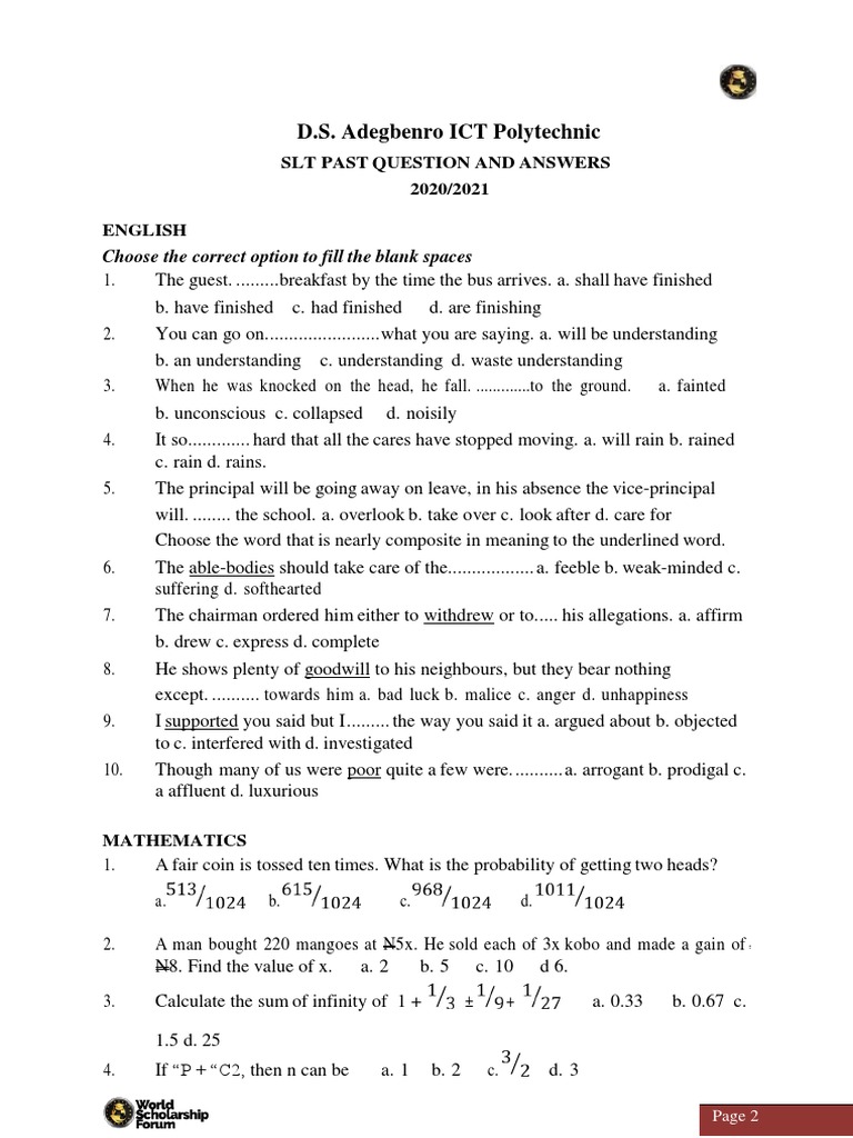 D.S. Adegbenro ICT Polytechnic Past Question | PDF | Chemical Bond ...