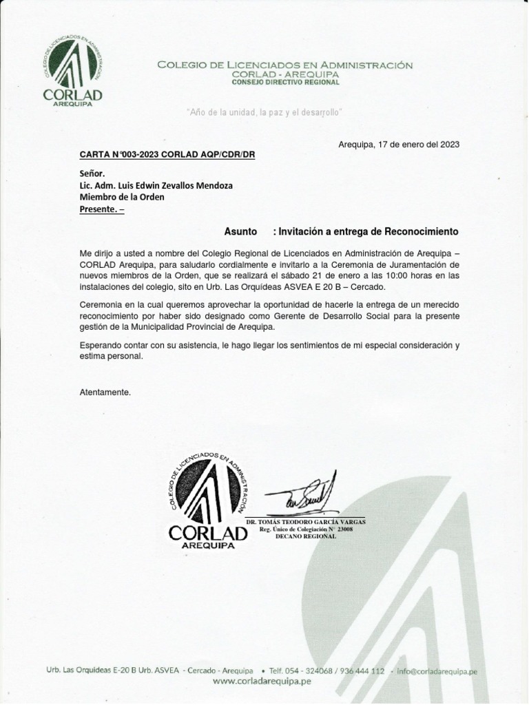 CARTA N° 003 - Invitación a entrega de Reconocimiento | PDF