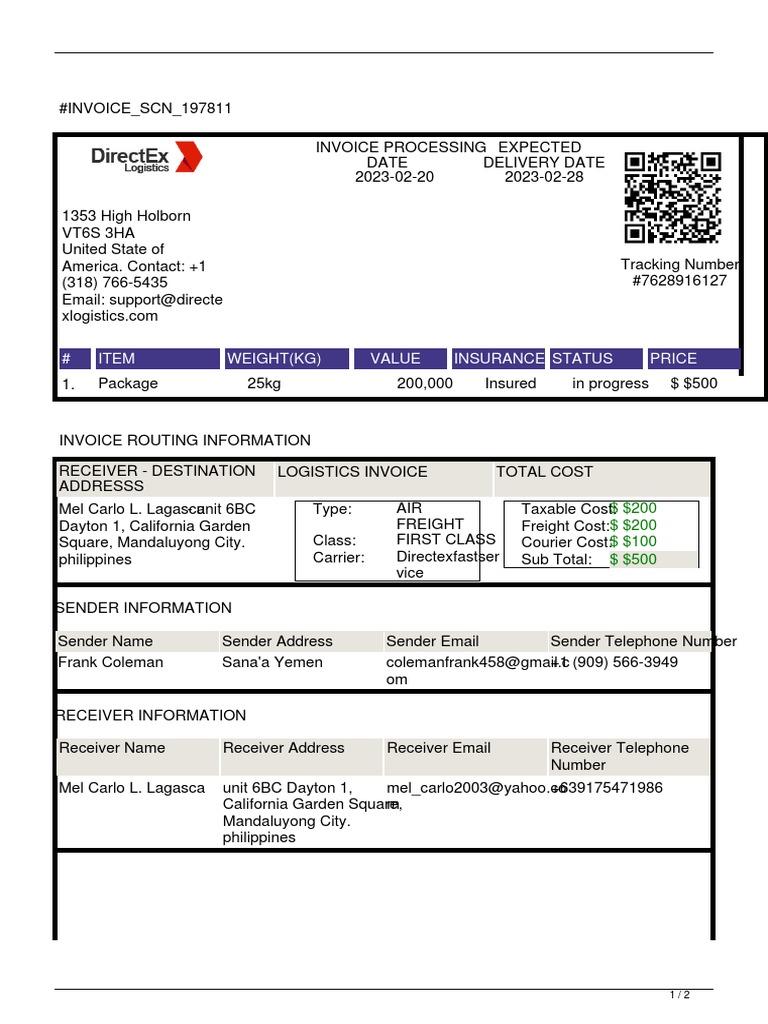Invoice for Air Freight Shipment | PDF | Cargo | Business