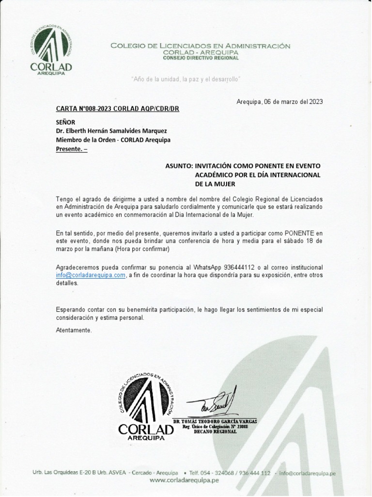 Carta #008 - Invitacion Como Ponente A Evento Academico Por El Dia de ...