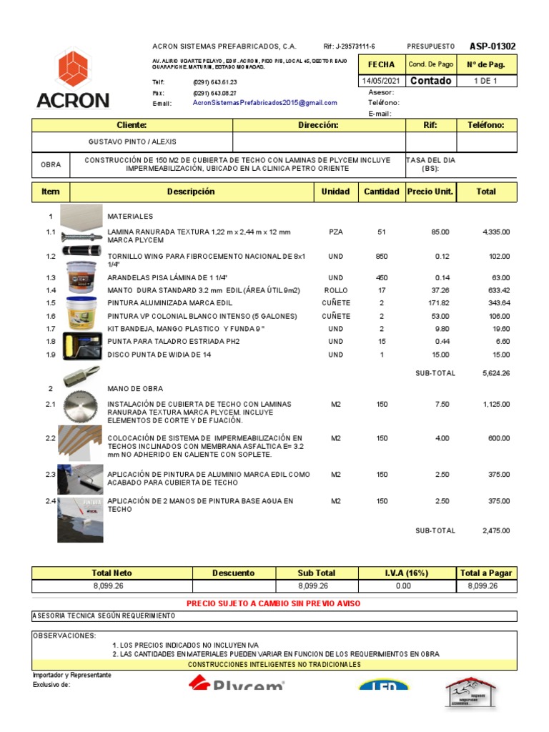 Presupuesto Impermeabilización | PDF