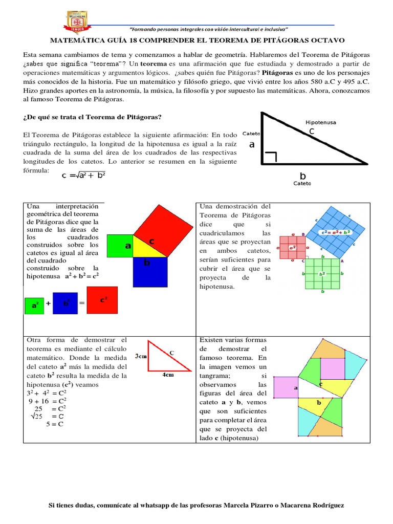 Matemática 8° Guía 18 Demostrar El Teorema de Pitágoras | PDF | Prueba ...