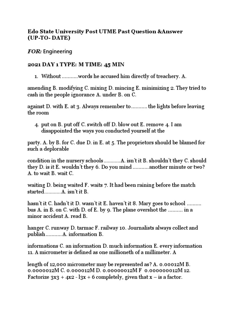 Edsu Post Utme Past Questions and Answers | PDF | Hydrogen | Acid