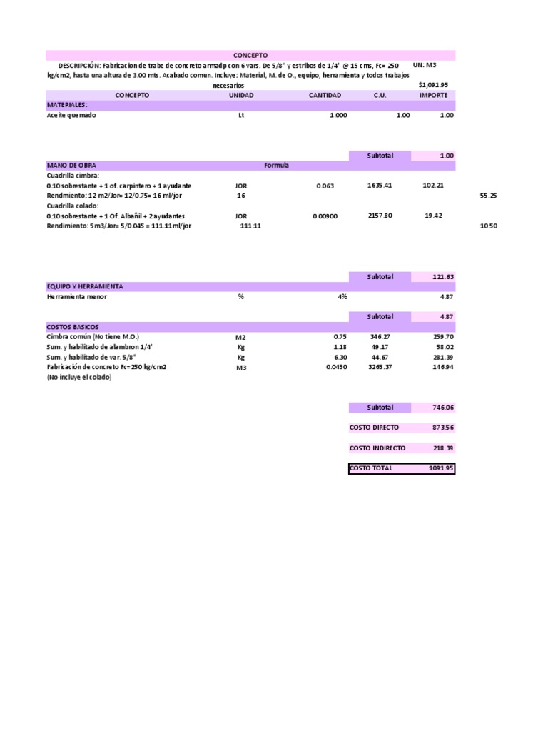 Precios Unitarios Trabe | PDF