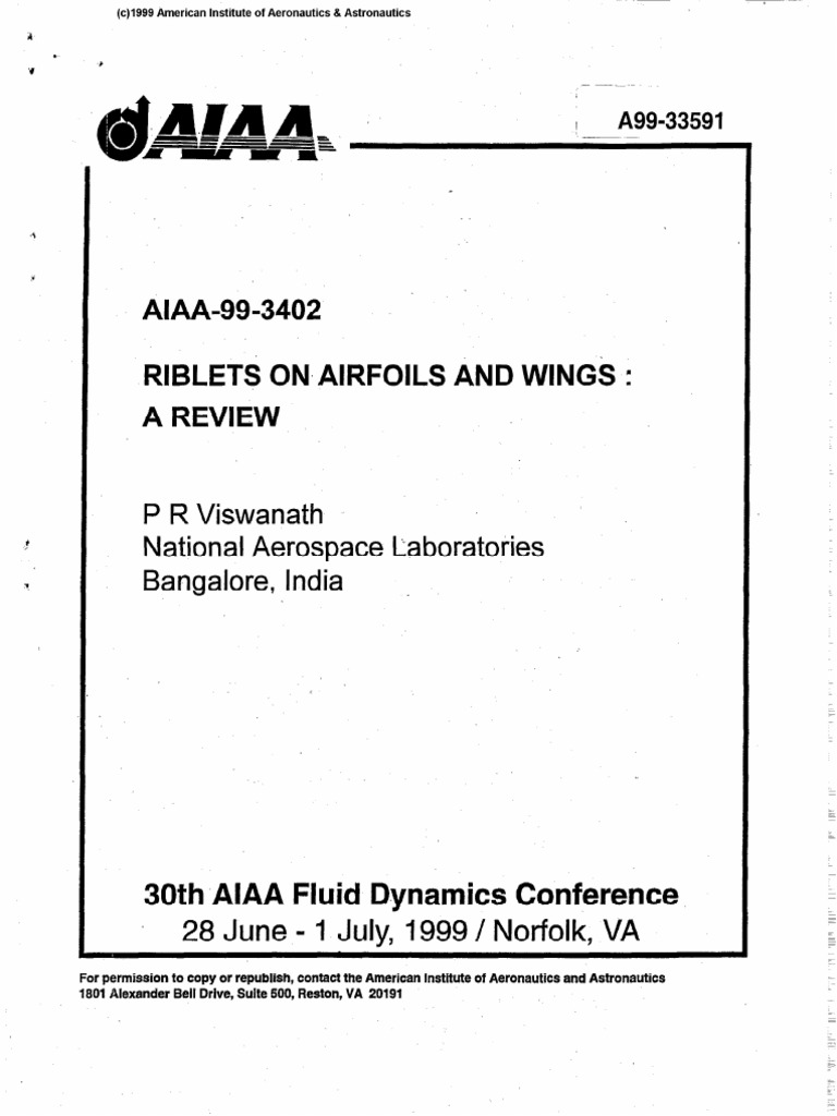 AIAA-1999-3402 Riblets On Airfoils and Wings-A Review | PDF
