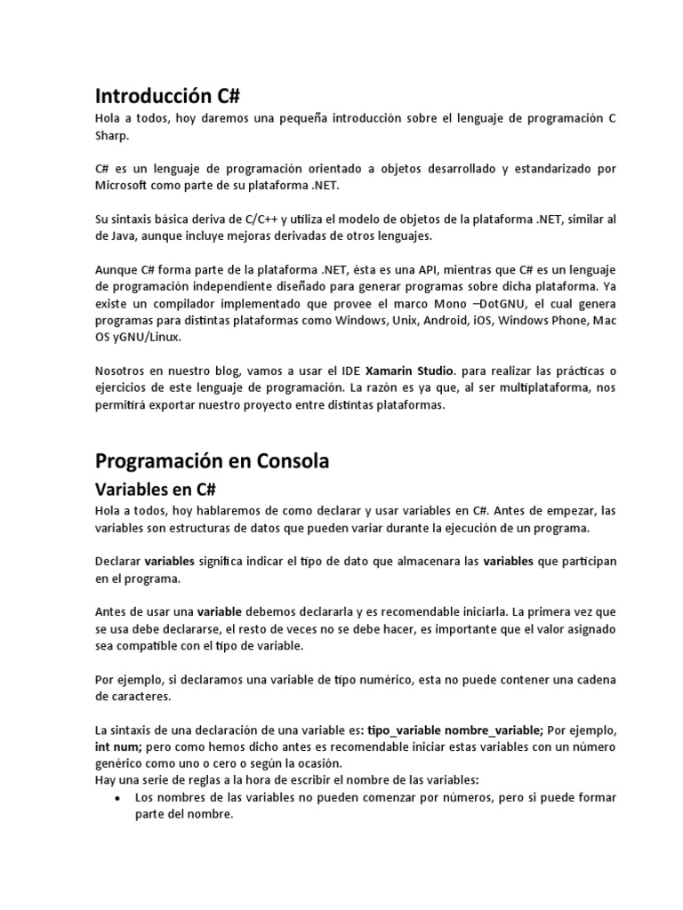 01 Introducción C | Descargar gratis PDF | C Sharp (lenguaje de programación) | .NET Framework