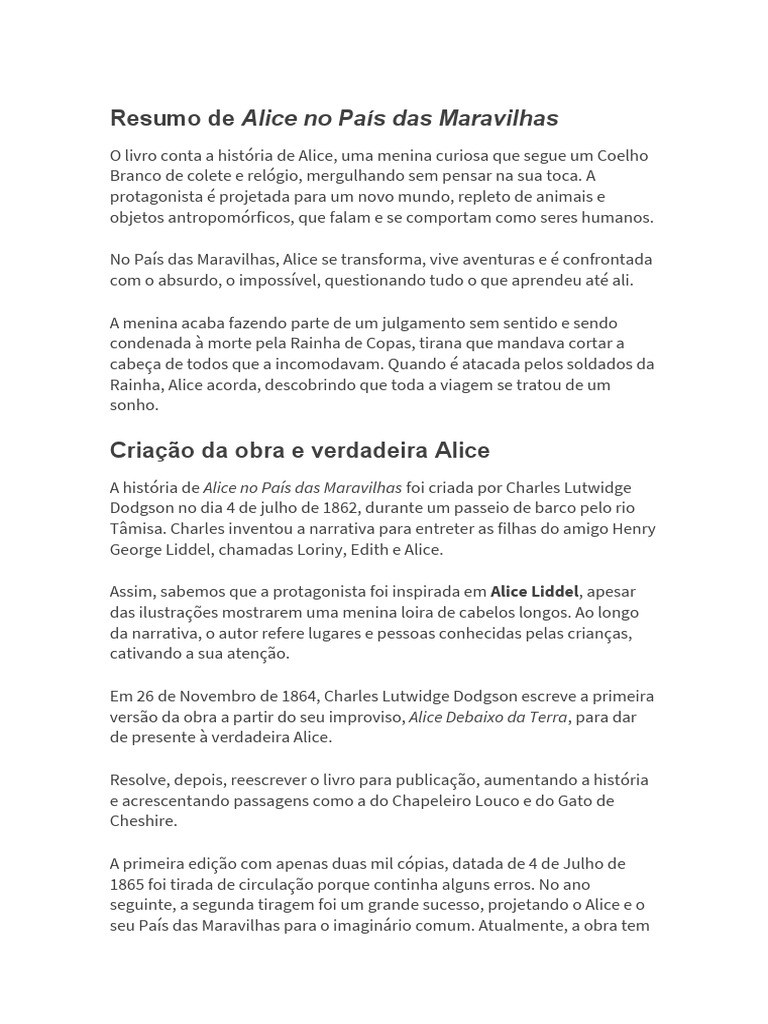 Resumo de Alice No País Das Maravilhas | PDF | Alice no País das Maravilhas