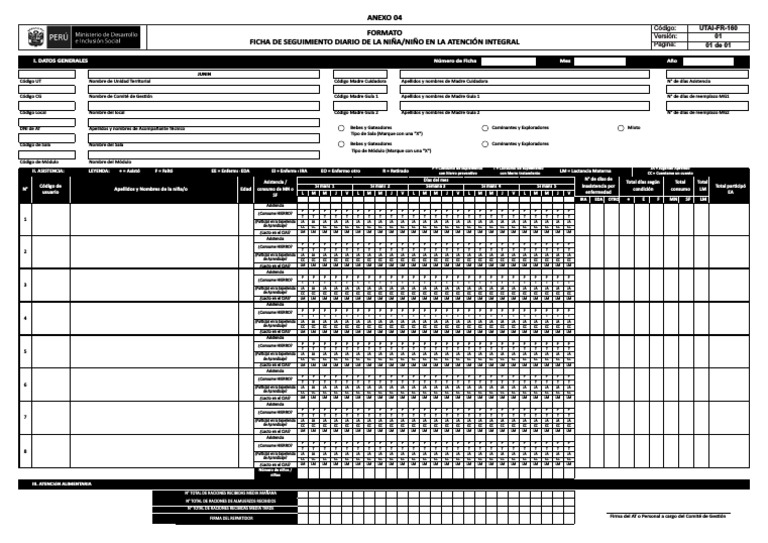 ANEXO N° 04 FORMATO FICHA DE SEGUIMIENTO DIARIO DE LA NIÑA O NIÑO | PDF