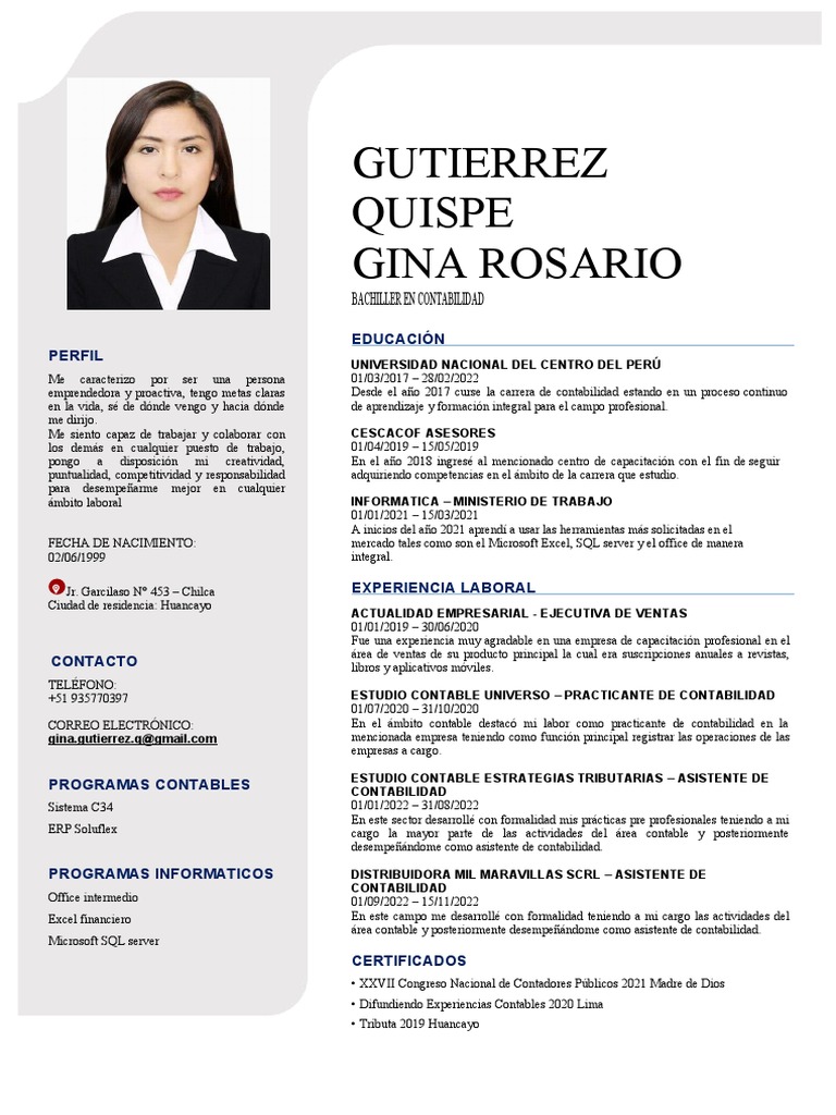 Curriculum Vitae Gutierrez Quispe Gina R. | PDF | Contabilidad | Microsoft