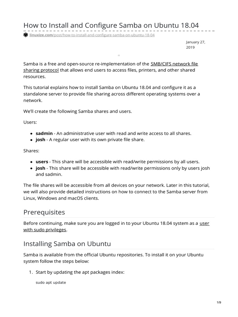 How To Install and Configure Samba On Ubuntu 1804 | PDF | Sudo | User (Computing)