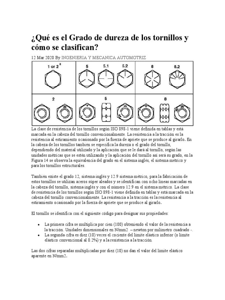 Qué Es El Grado de Dureza de Los Tornillos y Cómo Se Clasifican | PDF | Tornillo | Mecanizado