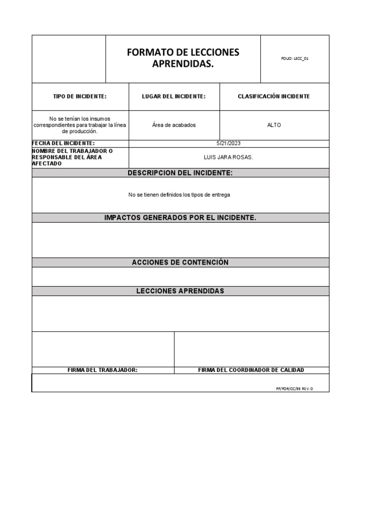 Formato de Lecciones Aprendidas. | PDF
