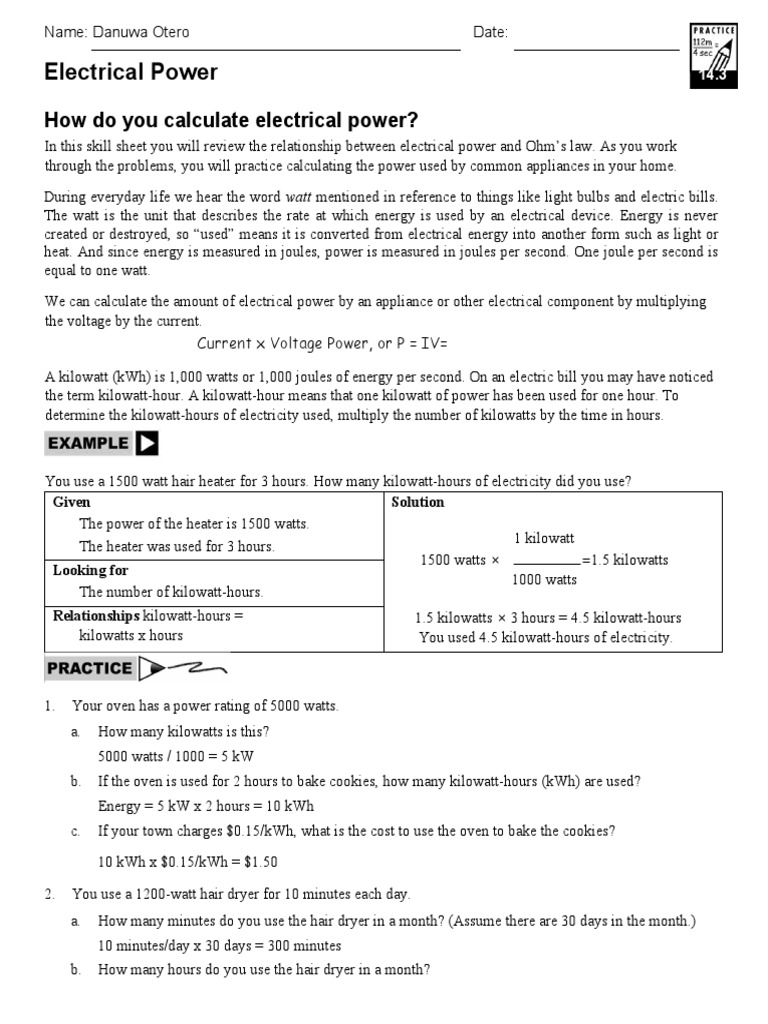 Electric Power Worksheet Graded Danuwa Otero | PDF | Watt | Electric Power