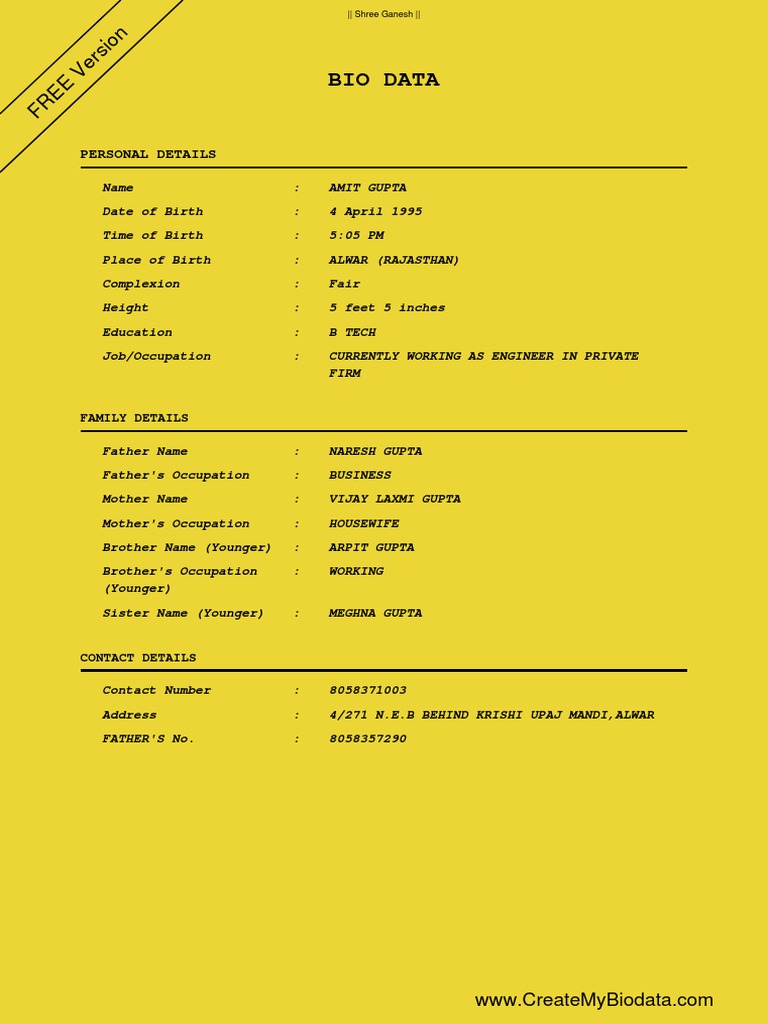AMIT GUPTA - Biodata (By Createmybiodata - Com) | PDF