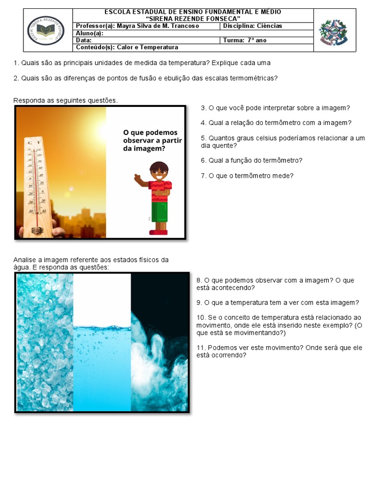Atividades sobre Calor e Temperatura 7º Ano | PDF | Temperatura ...