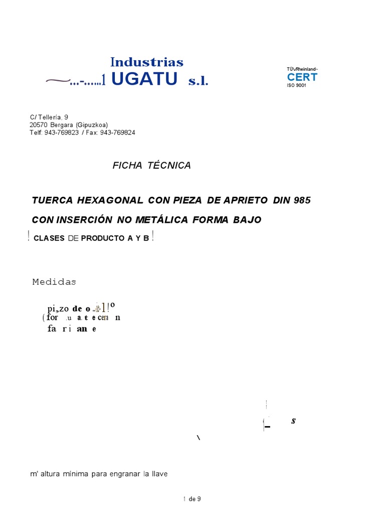 Ficha Técnica Tuerca DIN 985 | PDF | Acero | Naturaleza
