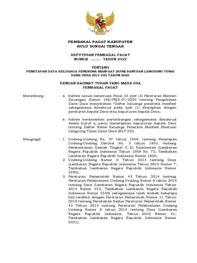 SK Pembakal Tentang KPM BLT Ta 2023 | PDF