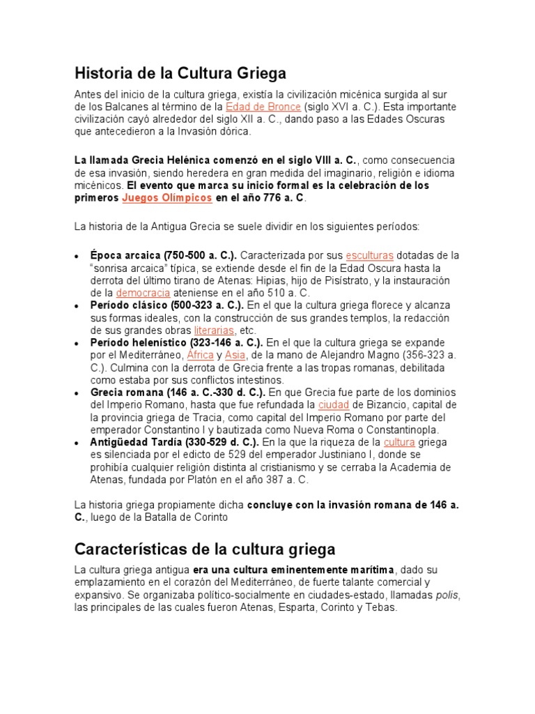 Historia de La Cultura Griega | PDF | Antigua Grecia | Grecia
