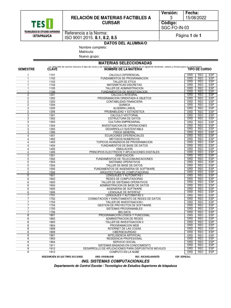 Tira de Materias de Ingeniería en Sistemas Computacionales | PDF | Informática | Ciencias de la ...