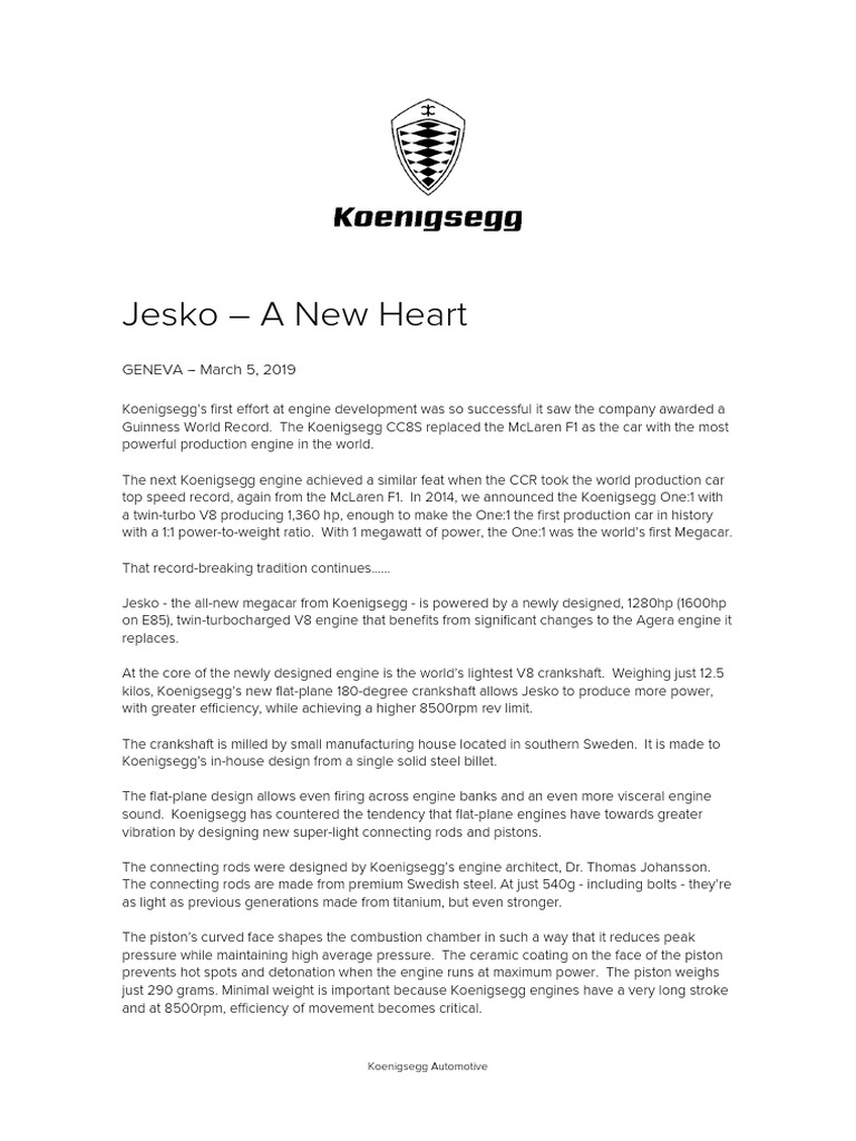 Jesko Twin Turbo V8 Engine | PDF | Turbocharger | V8 Engine