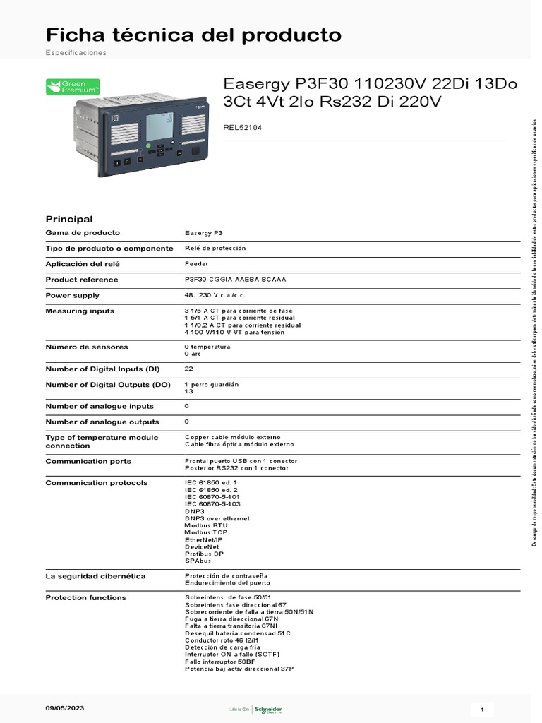 Ficha Técnica Relé Easergy P3F30 | PDF | Energia electrica | voltaje